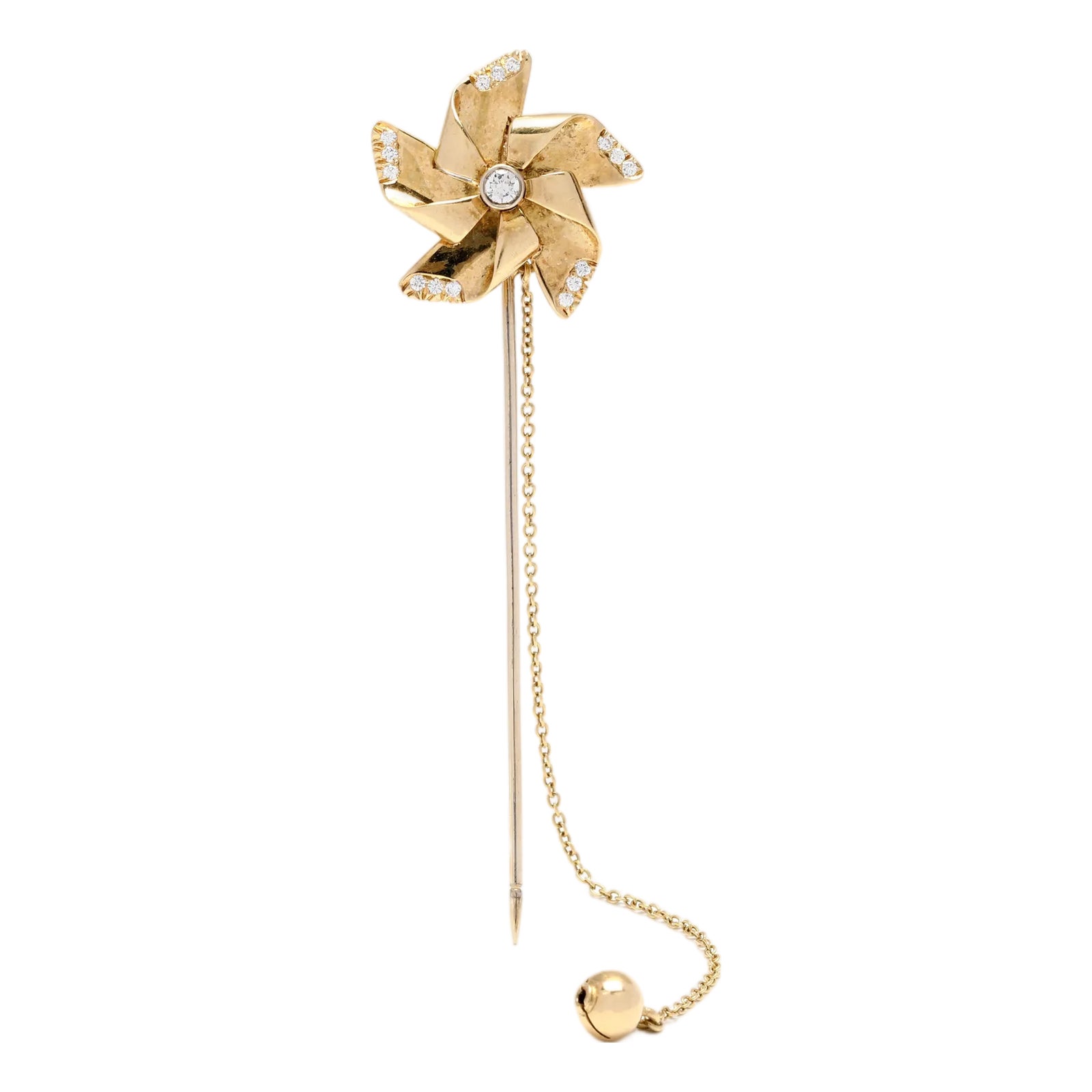 Late 20th Century Italian .33ctw Diamond Pinwheel Jabot Pin, 18k Yellow ...