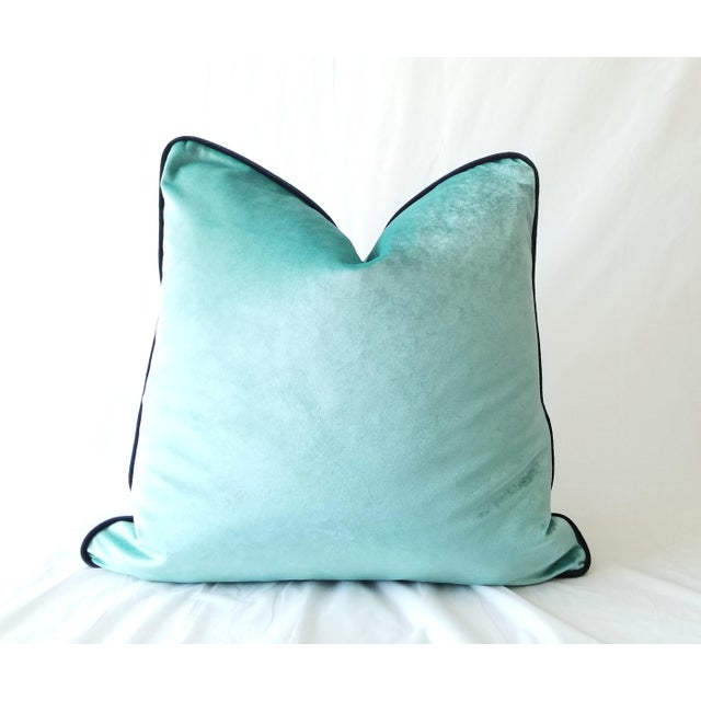 Topaz/Turquoise Velvet Pillow With Sapphire Piping Detail | Chairish