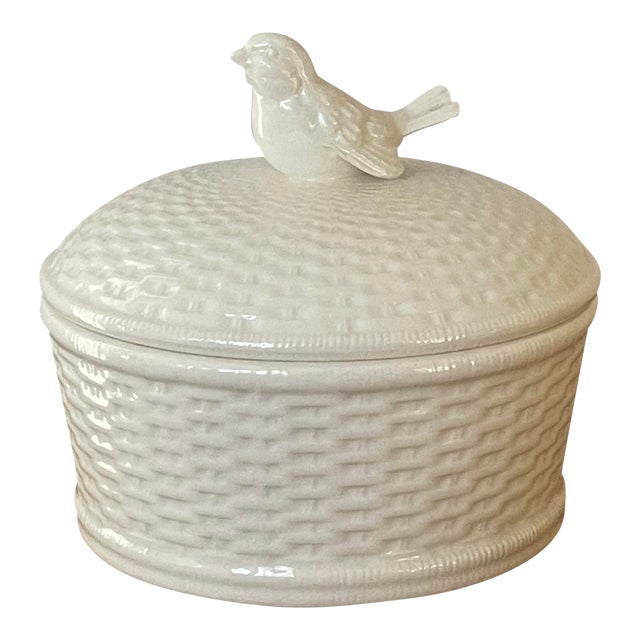 Mid 20th Century White Porcelain Box With Bird Handle | Chairish