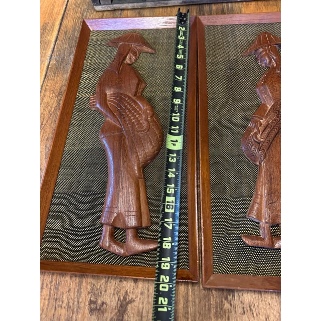 Vintage Asian Women Hand Crafted Wood Panels Wall Hangings - Set of 2 ...