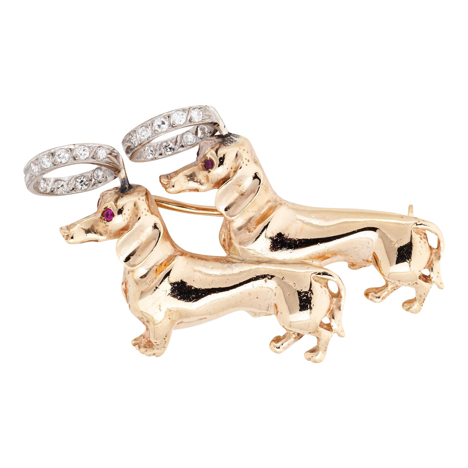 Double Dachshund Dog Pendant Angel Halo Vintage 14k Gold Diamond Animal ...