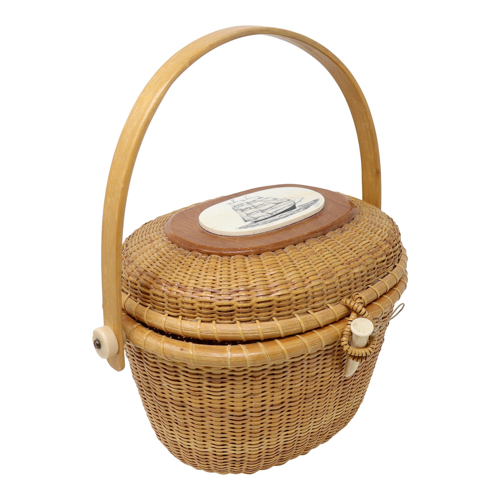 Vintage Nantucket Basket Purse With Hand-Painted Ship | Chairish