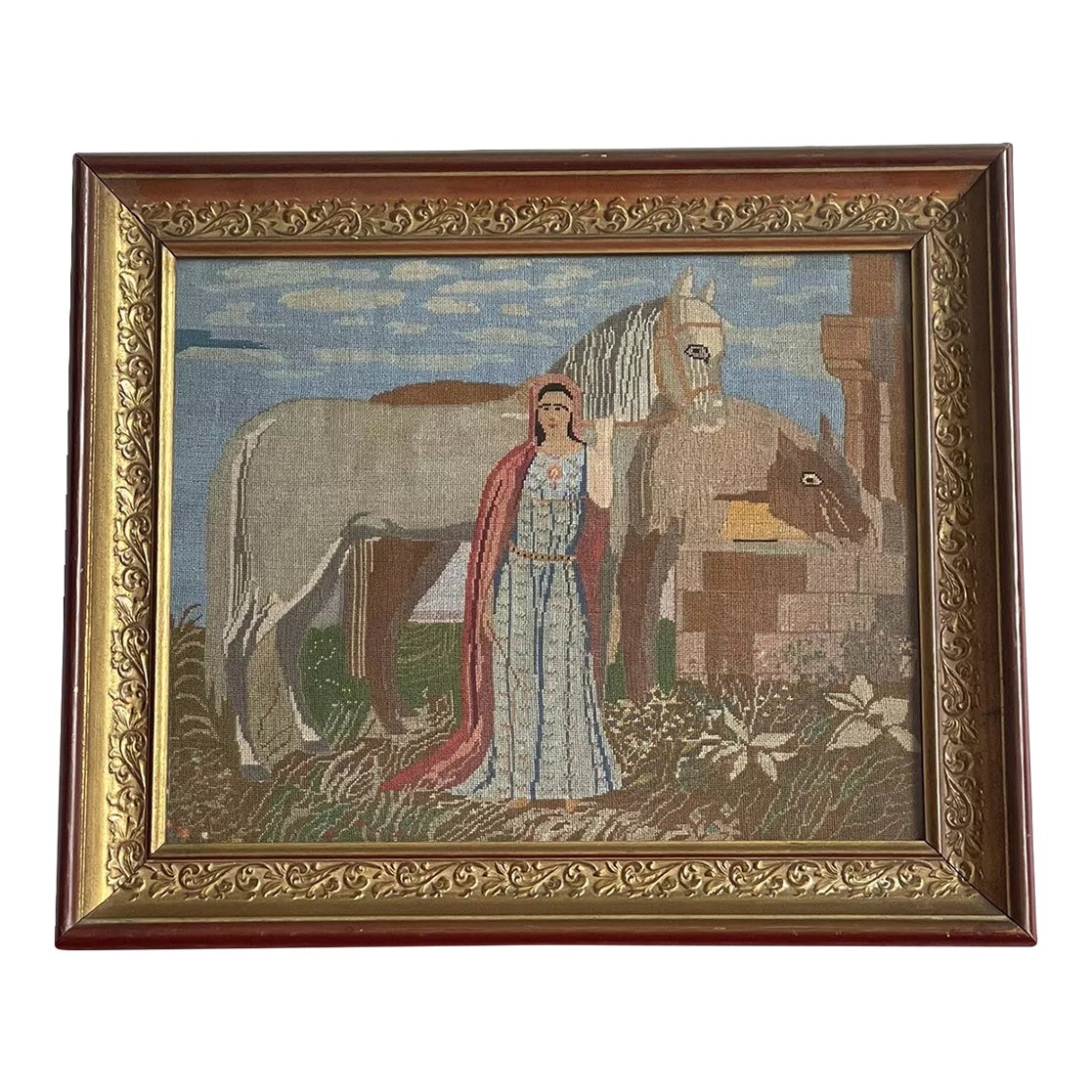 Antique Petit Point Needlepoint Medieval Lady With Two Horses, Framed ...