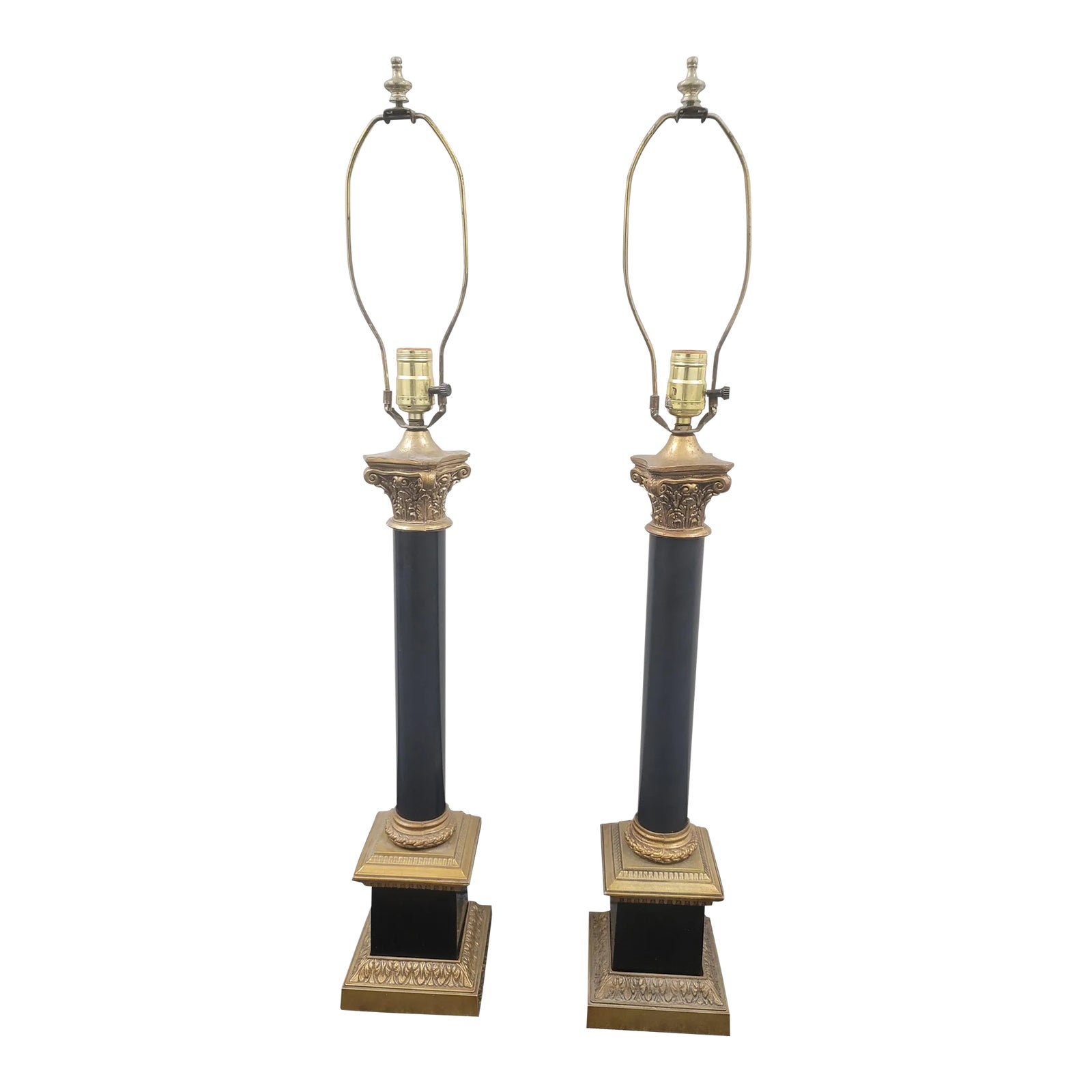Pair of Empire Style Gilt Metal and Ebonized Column Lamps | Chairish