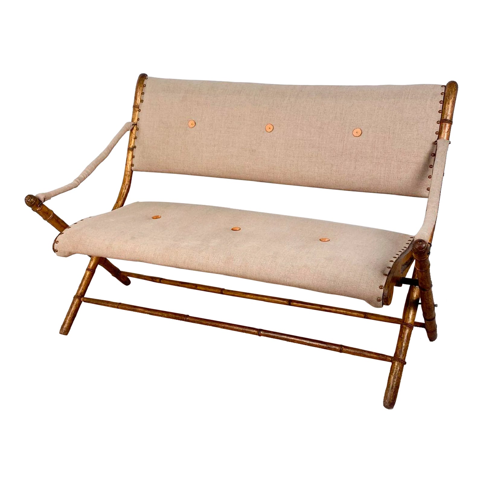 French Campaign Folding Settee in Worn Gilt Frame With Upholstery ...