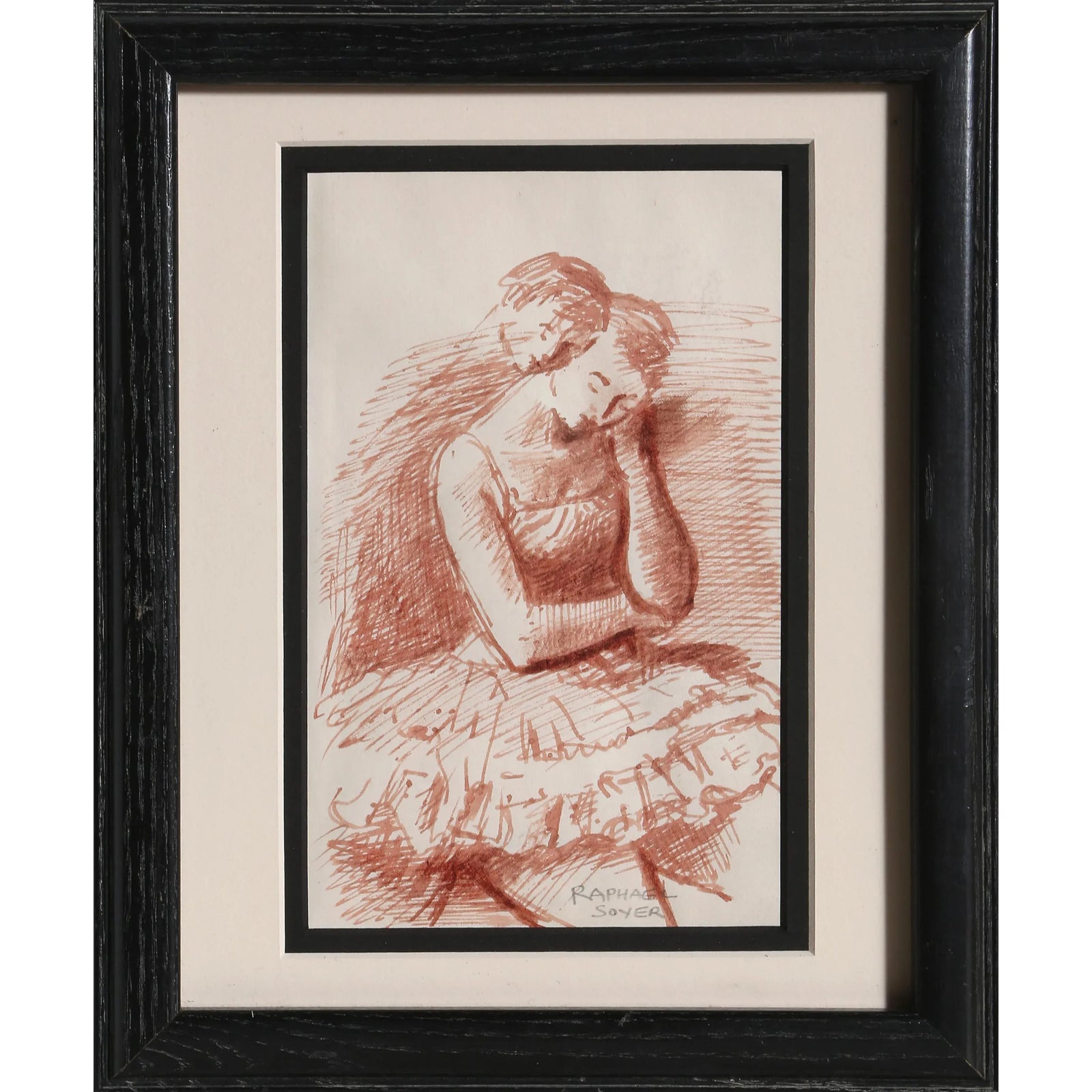 Raphael Soyer Pensive Dancer, Ink Drawing by Raphael Soyer 1956 | Chairish