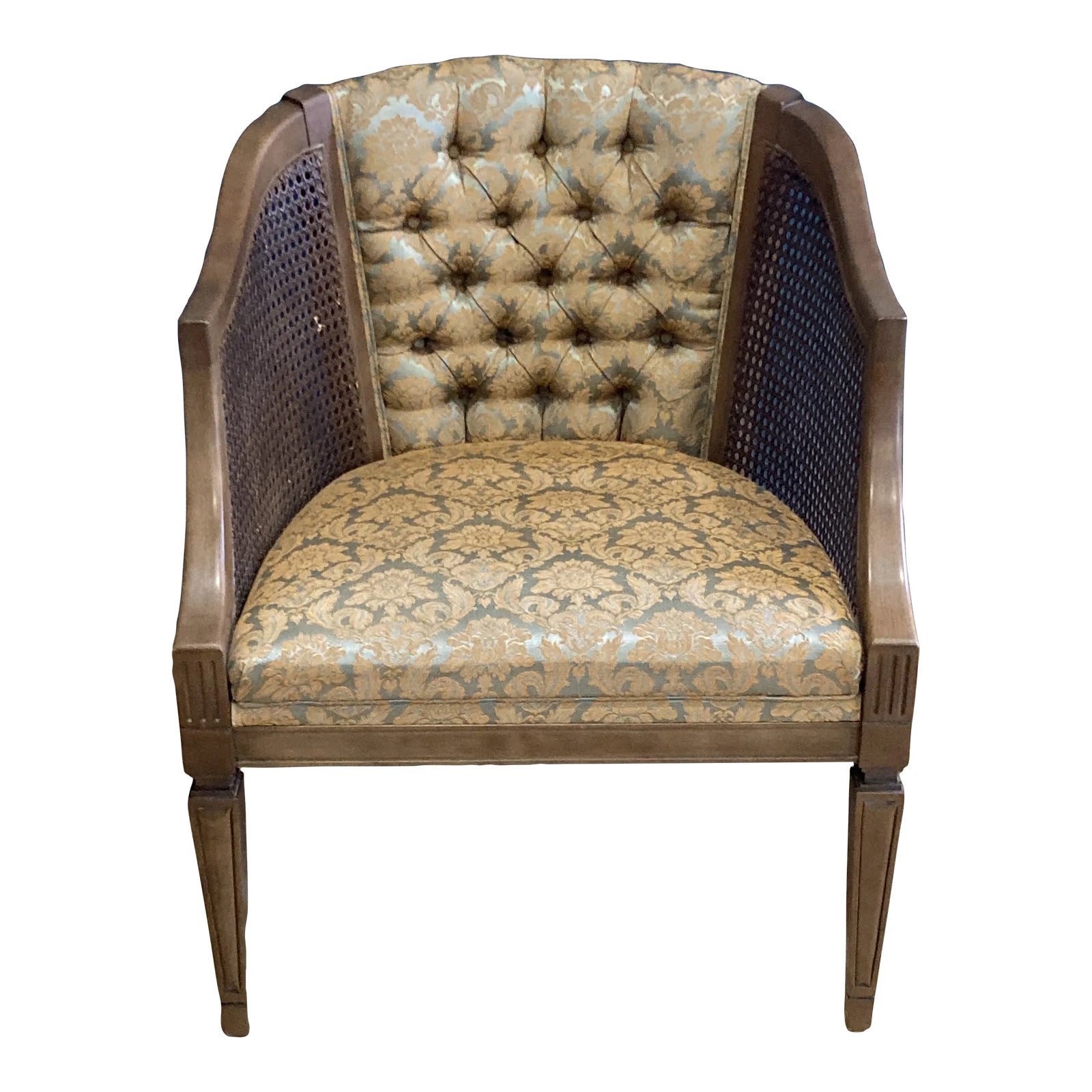 Vintage Sam Moore Cane Back Barrel Chair With Gold Fabric | Chairish