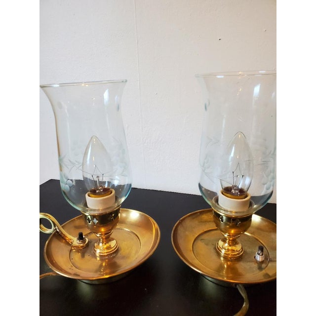 Pair of Vintage Electric Hurricane Lamps, Brass & Etched Glass | Chairish