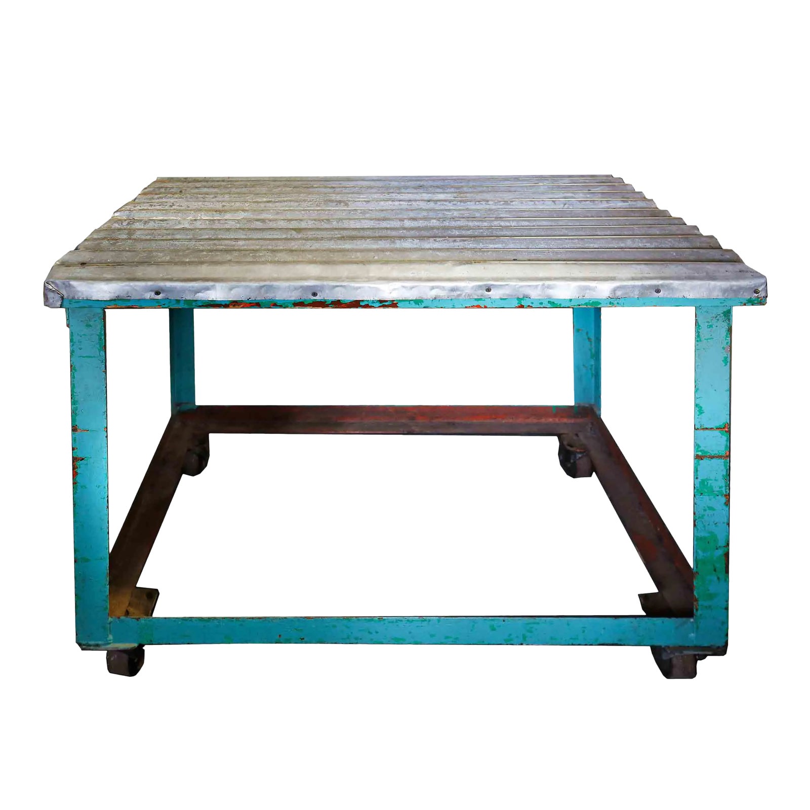 Vintage Industrial Table on Wheels With Corrugated Metal Top | Chairish