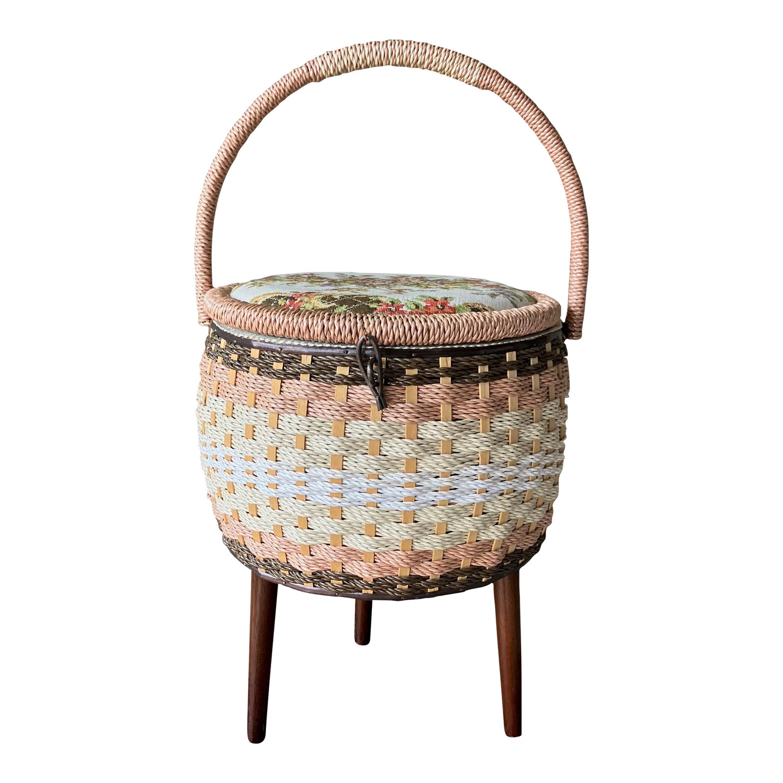 Mid 20th-Century Three-Legged Round Rattan Sewing Basket With Tray Made ...