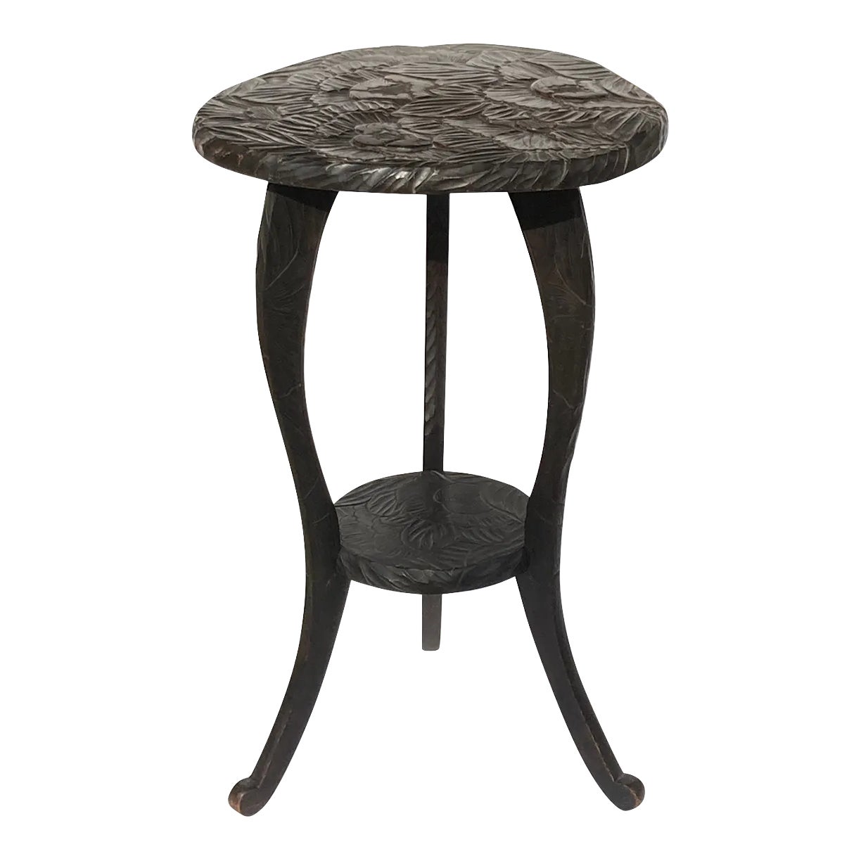 Japanese Hand Carved Floral Side Table or Plant Stand, 1905 | Chairish