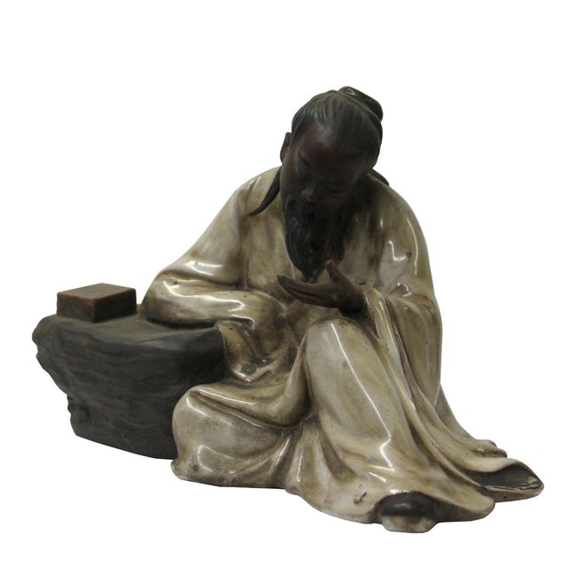 Chinese Oriental Ceramic Vintage Finish Ancient Scholar Old Man Figure ...