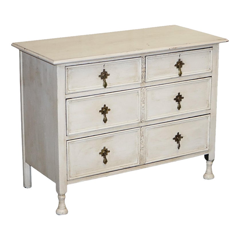 Victorian Hand-Painted Ivory Chest of Drawers with Brass Handles | Chairish