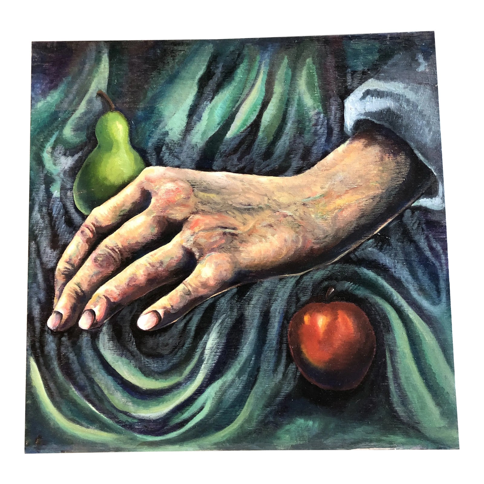 Vintage Modernist Original Painting Hand With Pear & Apple | Chairish