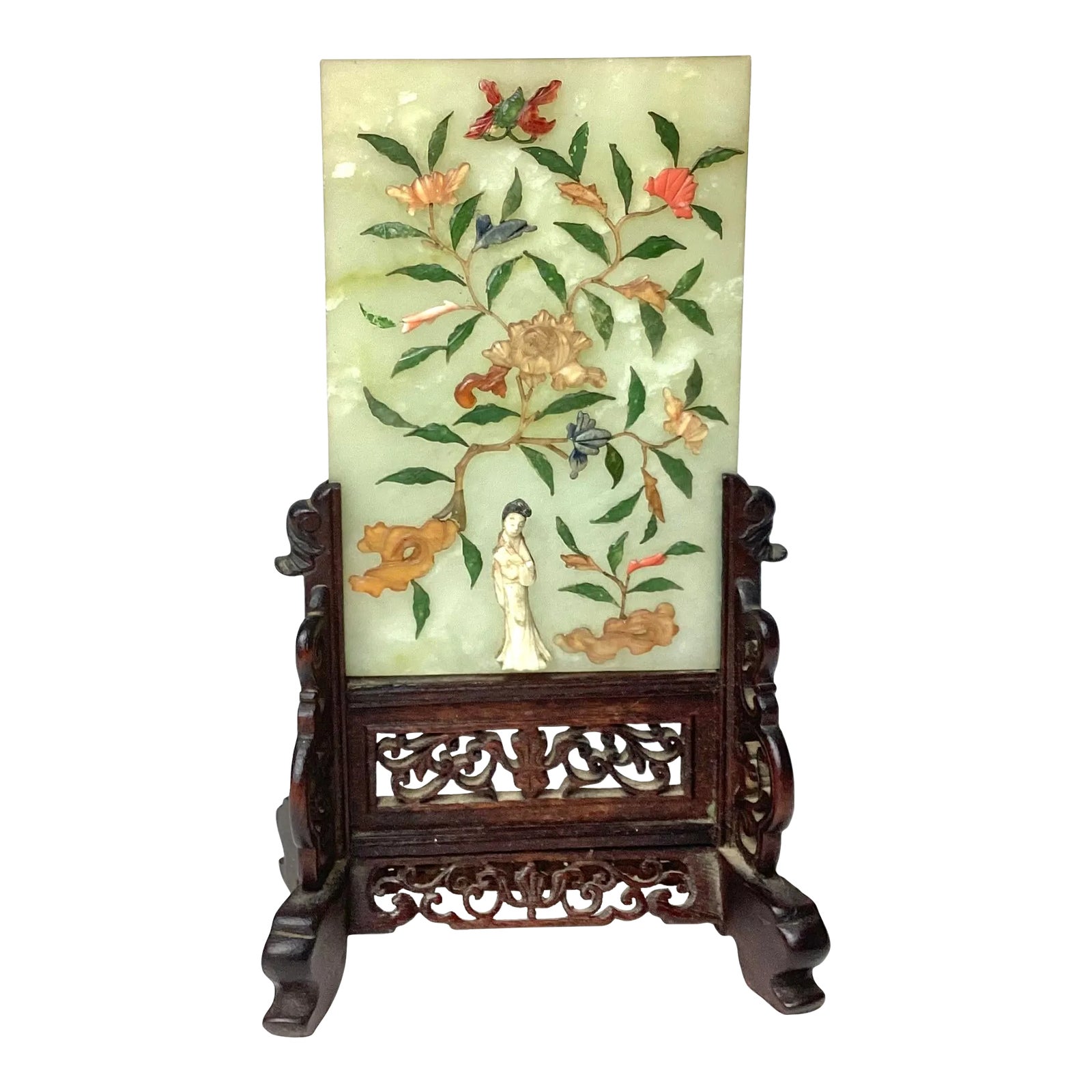 Early 20th Century Chinese Jade Table Screen on Rosewood Base | Chairish