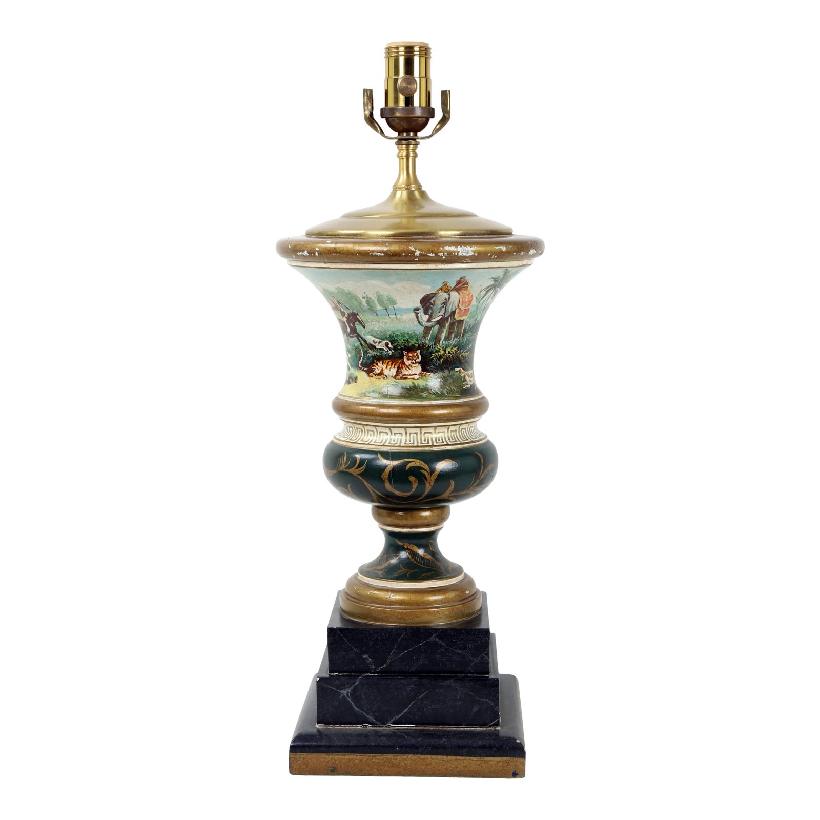 Trophy Vase Lamp Depicting Hunting Party After Tiger | Chairish