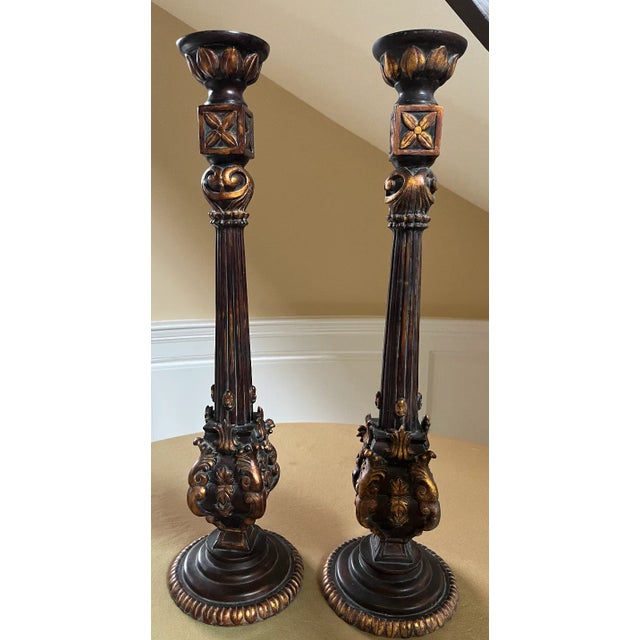 2000s Interlude Home Ornate Wooden Pillar Candlesticks- Set of 6 | Chairish
