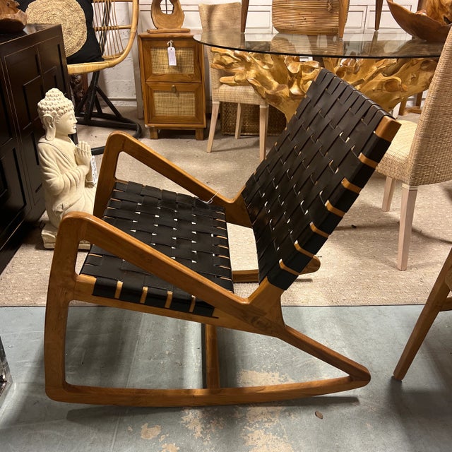 Black Leather & Teak Rocking Chair | Chairish