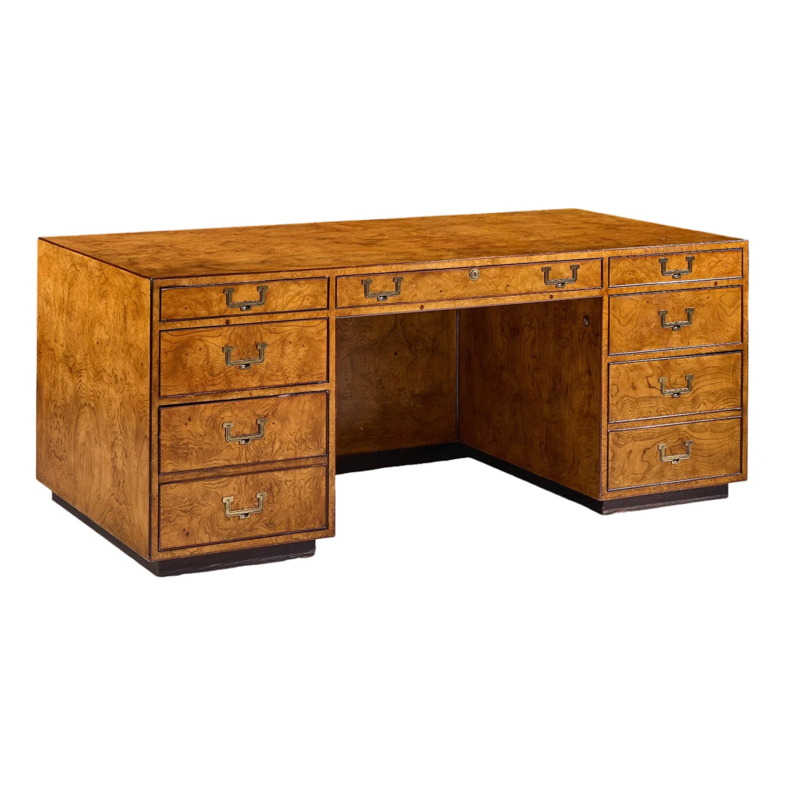 John Widdicomb Mid Century Burlwood and Brass Campaign Executive Desk ...