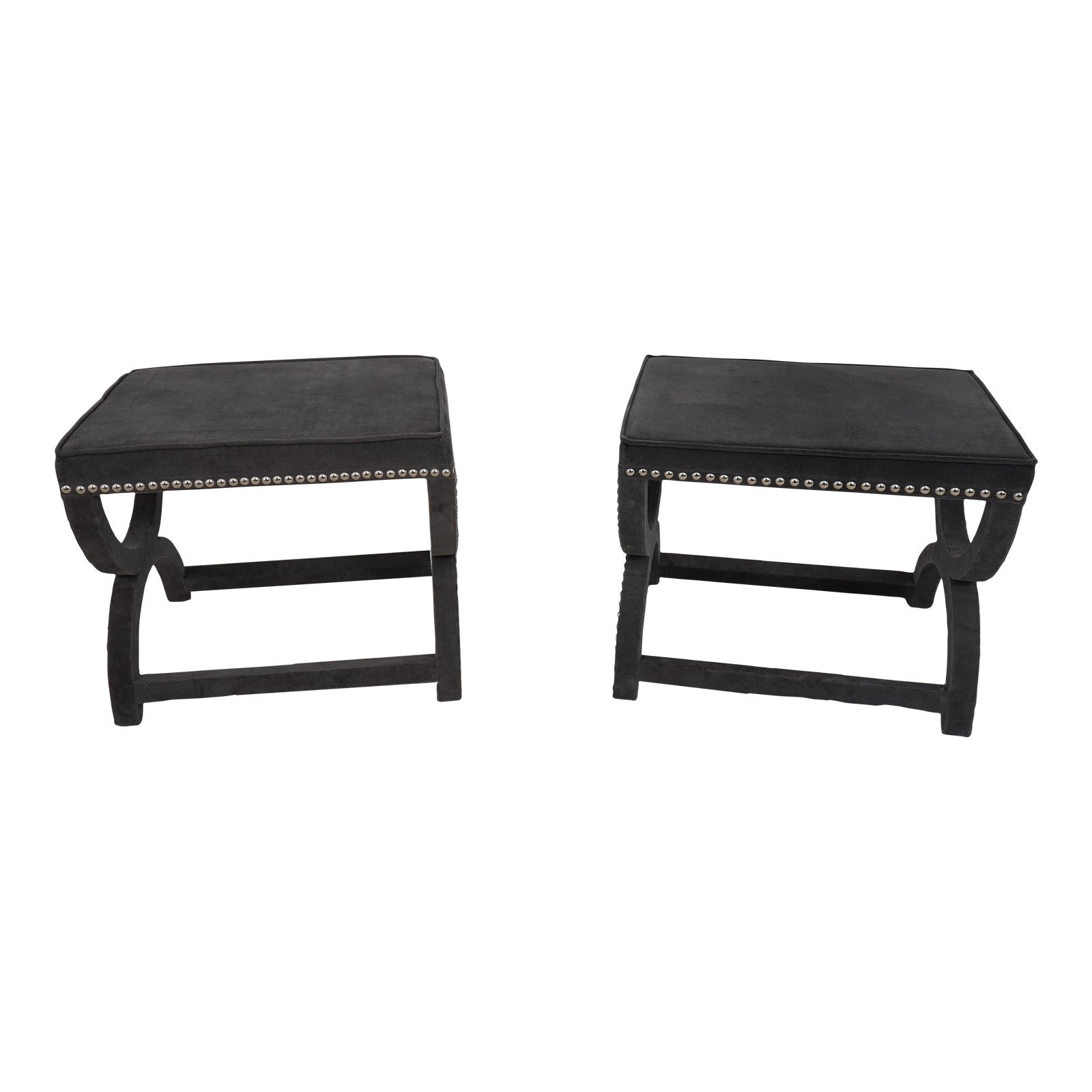 Pair Modern Design Upholstered Tack Trim Stool Benches | Chairish