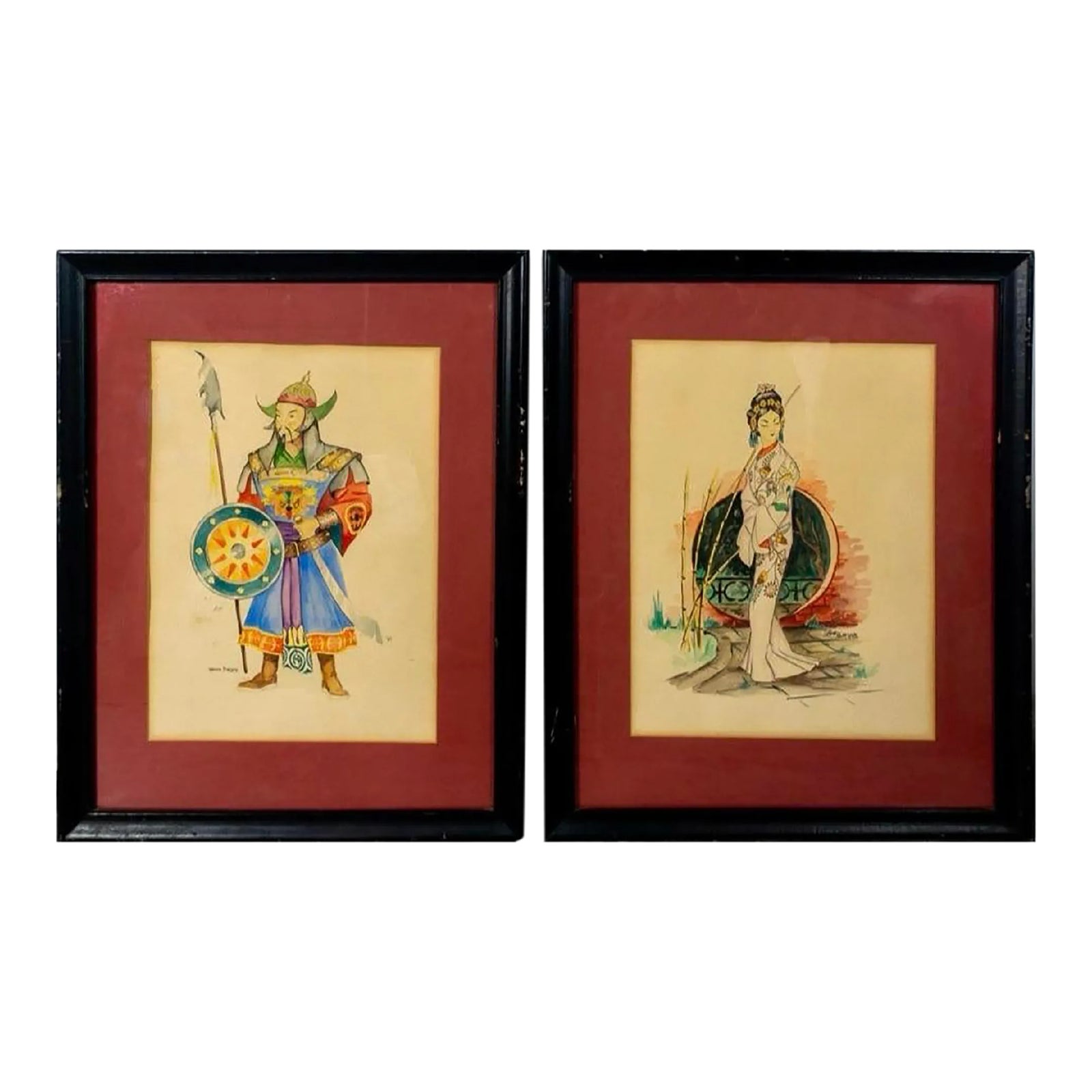 Mid 20th Century Stan Burger, Pair of Watercolor Paintings, Hime and ...
