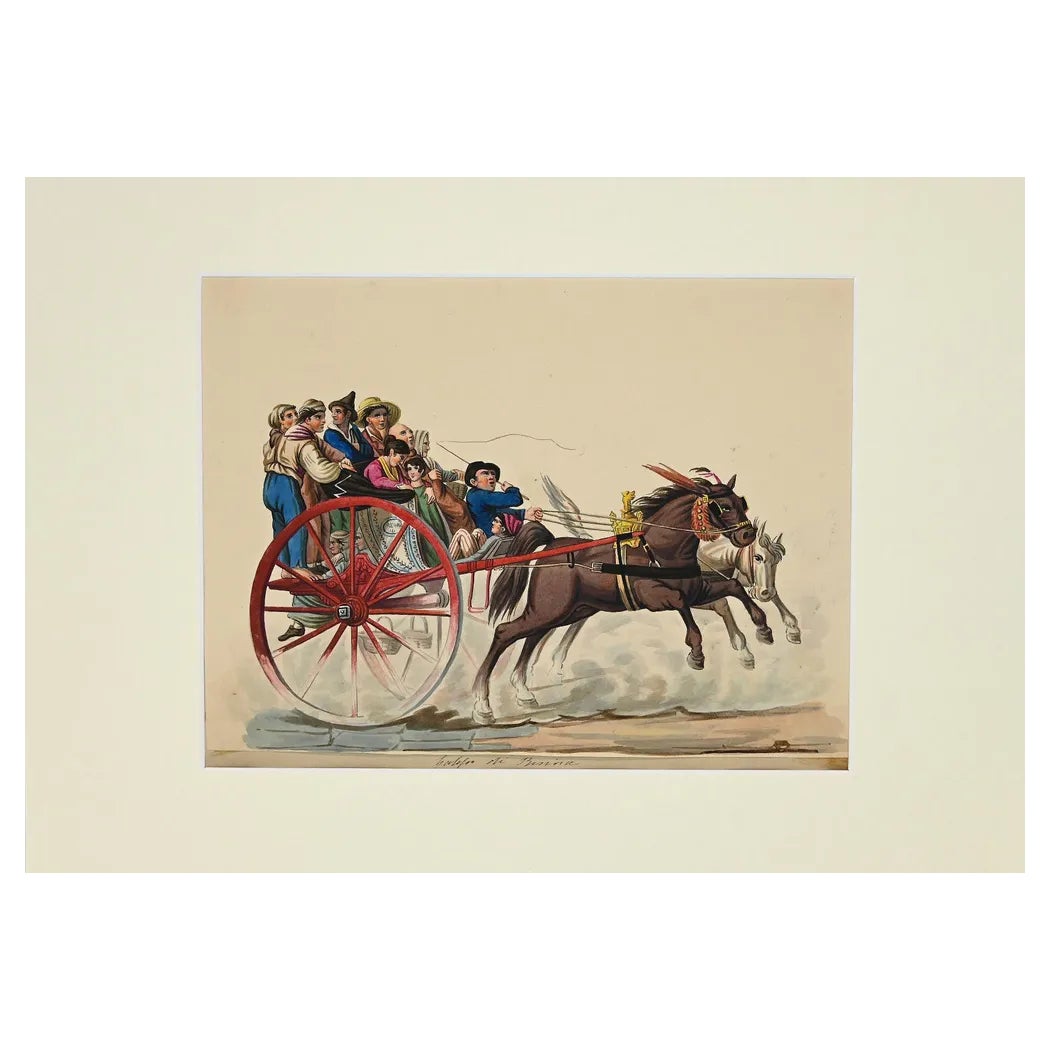 Michela De Vito, Figures on a Chariot, Gouache, 1820 | Chairish
