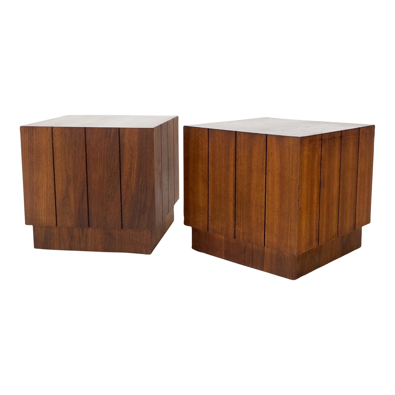Walnut Mid-Century Modern Cube Shape Side End Tables Stands - A Pair ...