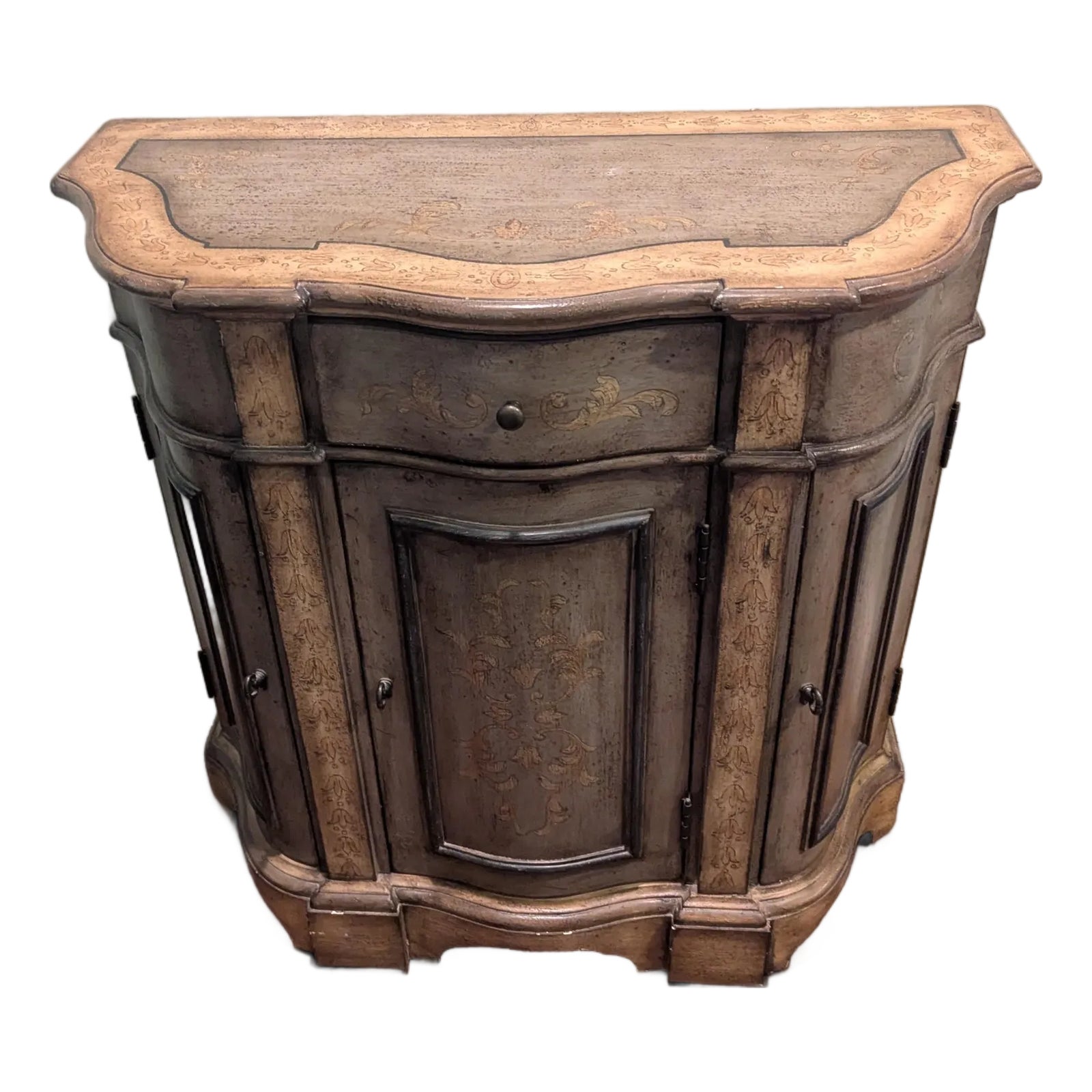1990s Curved, Inlaid Wood, Stenciled Console Commode Table | Chairish