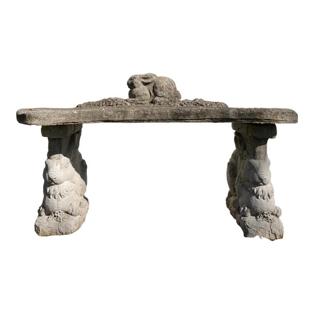 Vintage Bunny Rabbit Motif Concrete Garden Bench | Chairish