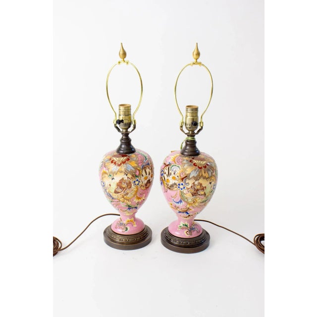 Early 20th Century Maximalist Pink Satsuma Table Lamps - a Pair | Chairish