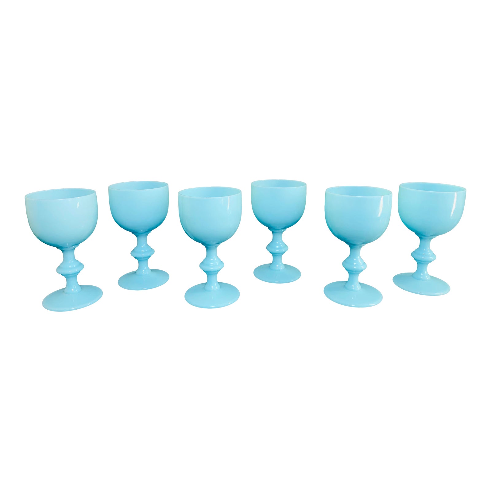 1930s Antique French Blue Opaline Glass Wine Goblets By Portieux