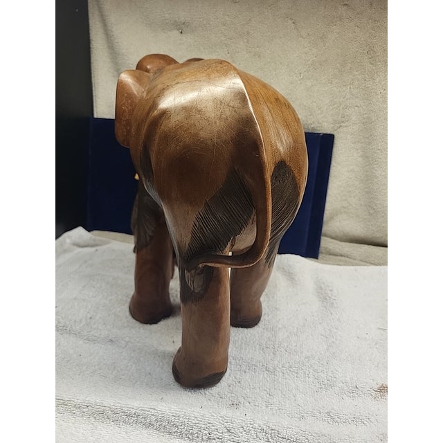 Vintage Hand Carved Elephant With Tusks Detailed Teak | Chairish