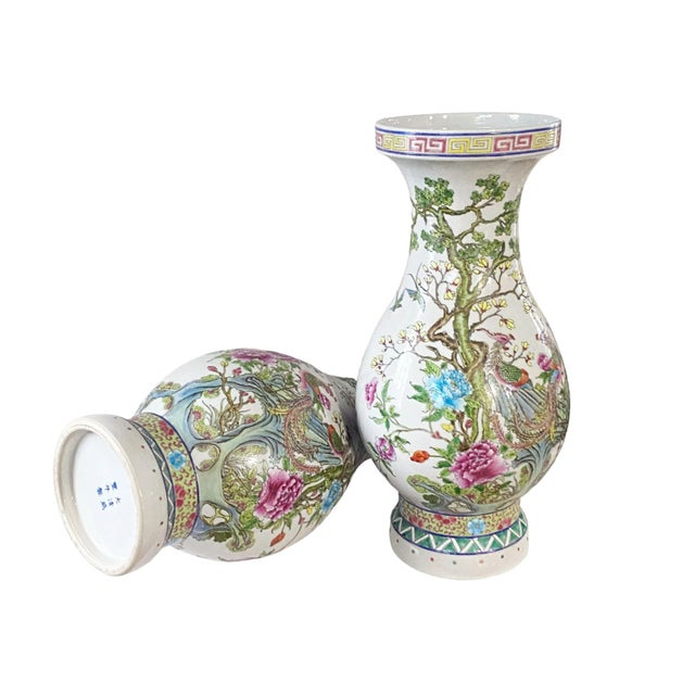 Chinoiserie Hand Painted Famille Rose Phoenix Vases /Pair 21" H | Chairish