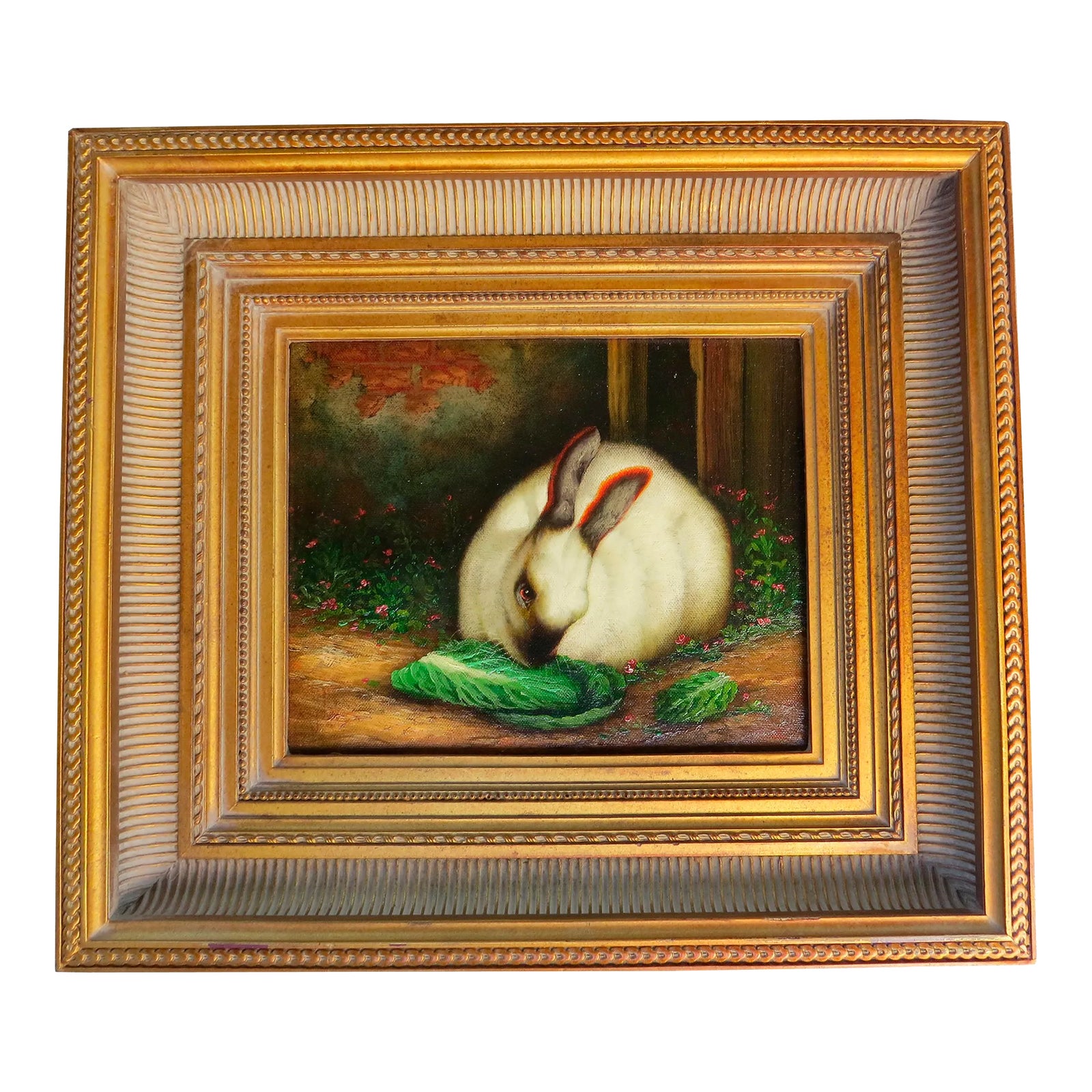 Antique Oil on Canvas of a Himalayan Rabbit Eating Lettuce - Signed ...