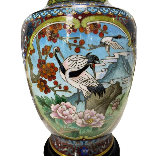 Pair of 1970s Chinese Cloisonné-Enamel Crane Vases, Modern Jingfa Tag | Chairish