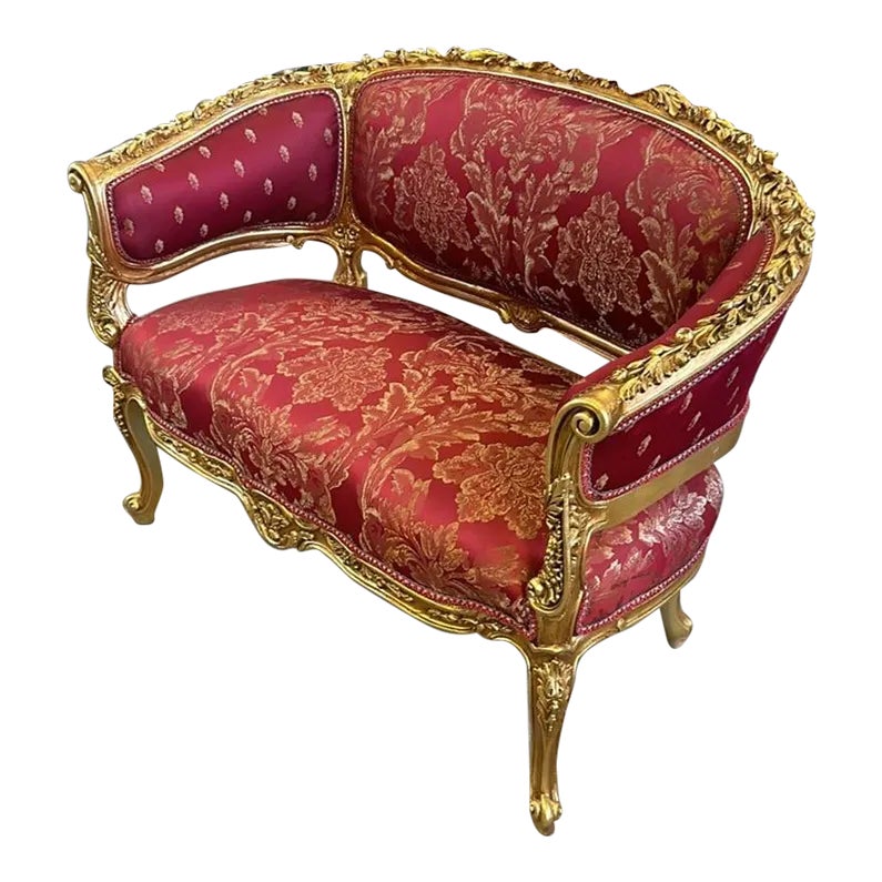 French Rococo Red Settee With Gold Details | Chairish