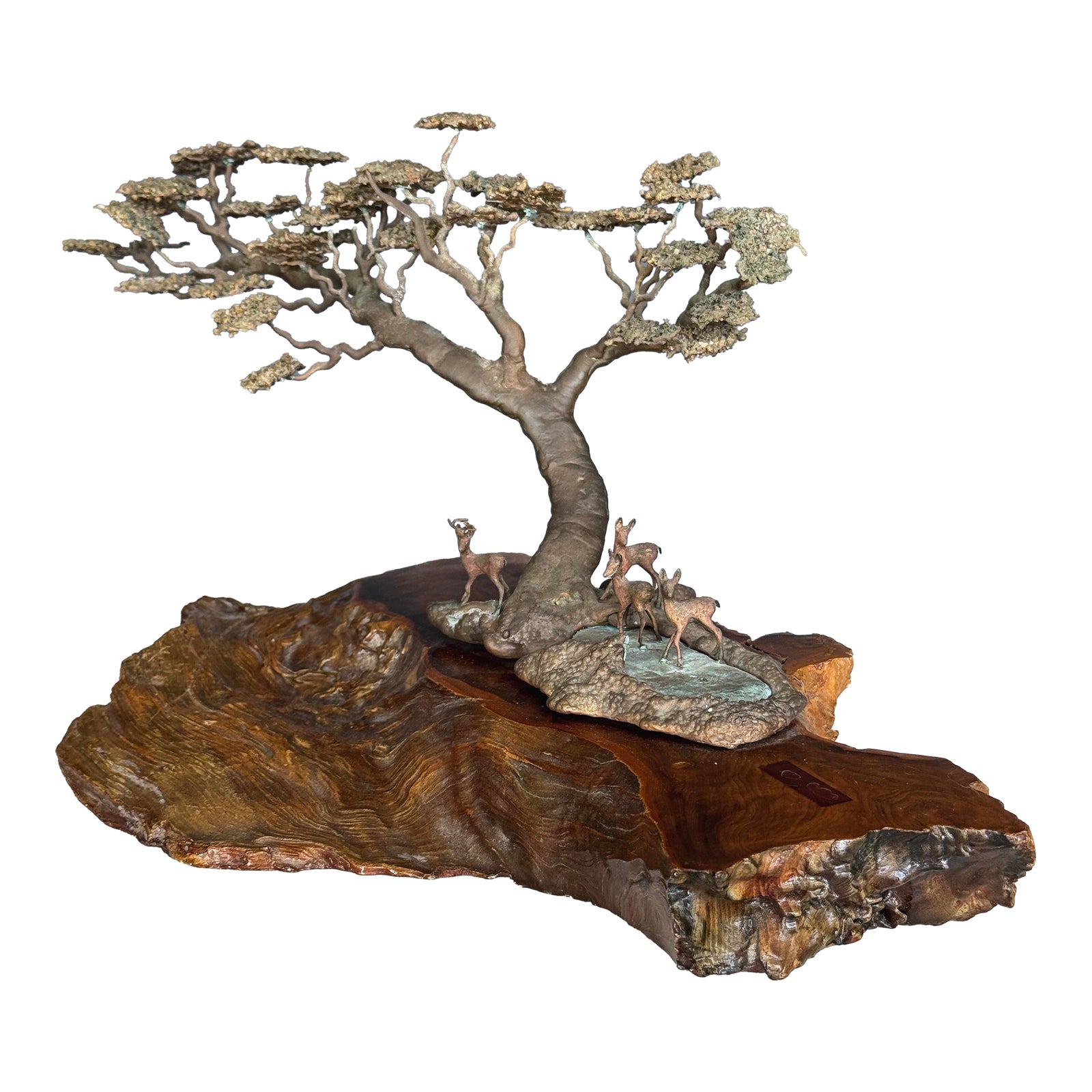 Mid 20th Century Large Bronze Cypress Tree With Deer Sculpture on Wood ...