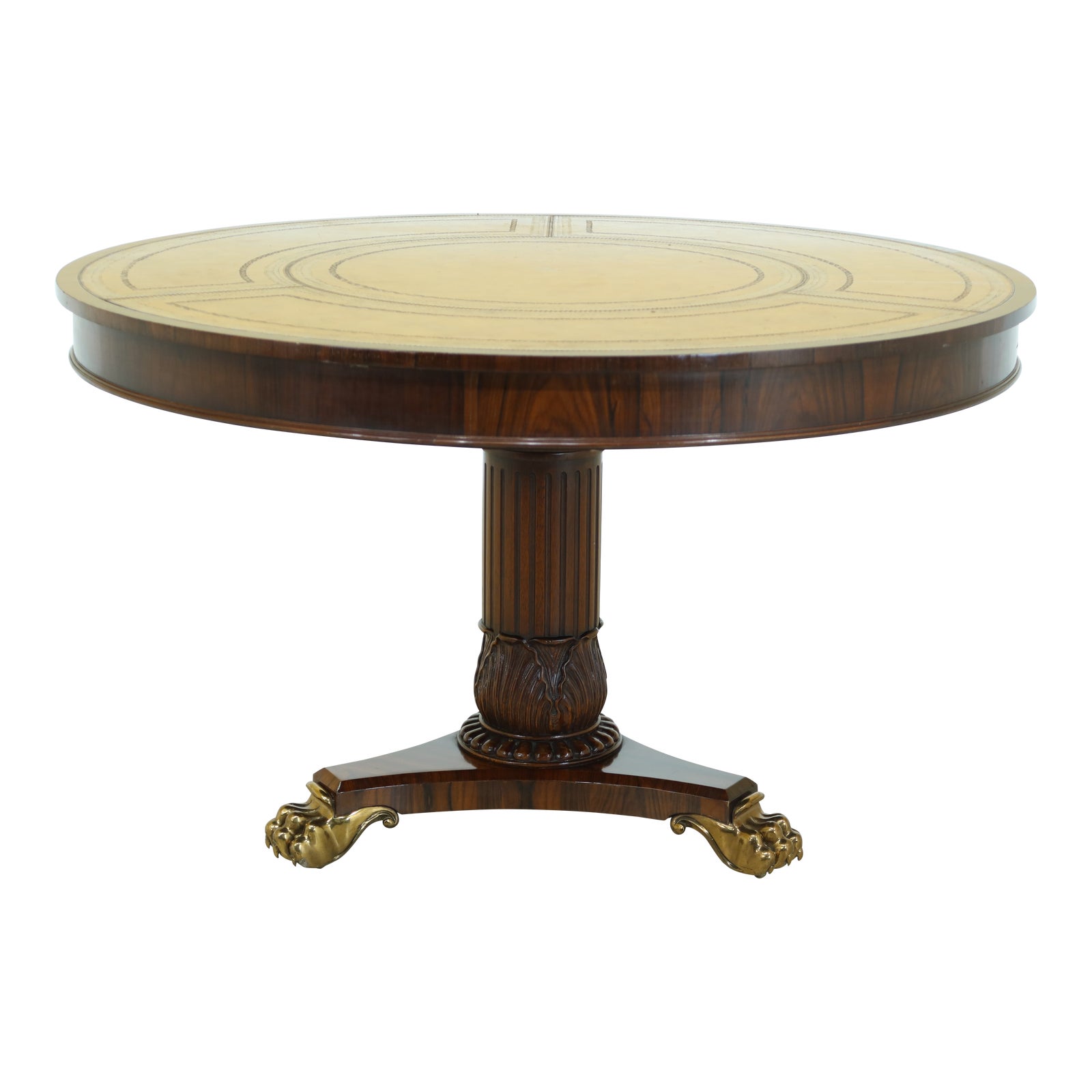 Regency Style Round Leather Top Walnut Center Table | Chairish