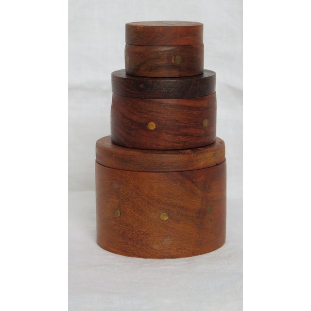 Vintage Mini Round Wooden Nesting Boxes With Brass Inlay Set of 3 ...