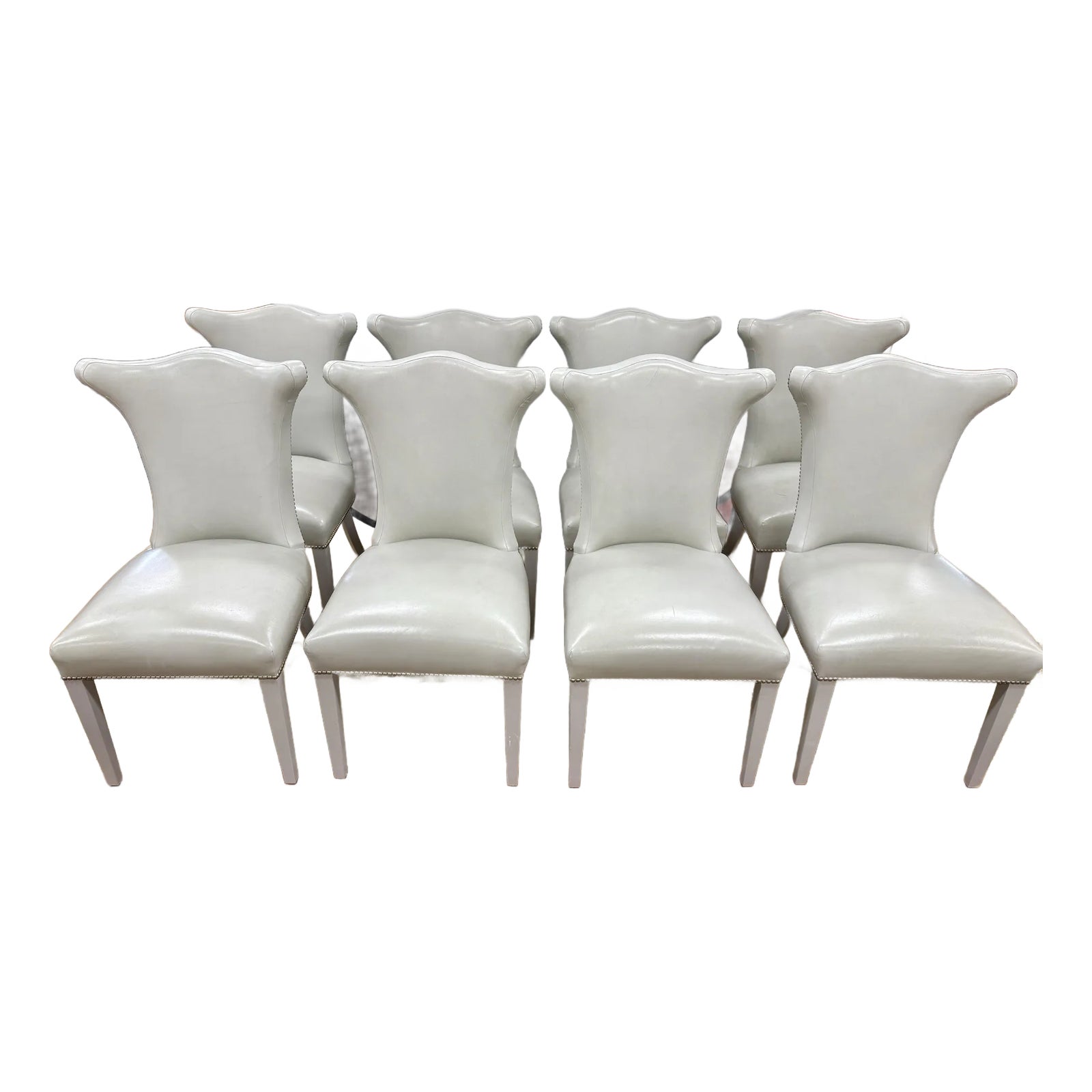 Set of 8 Grey Faux Leather Pleather Dining Chairs With Nailheads | Chairish