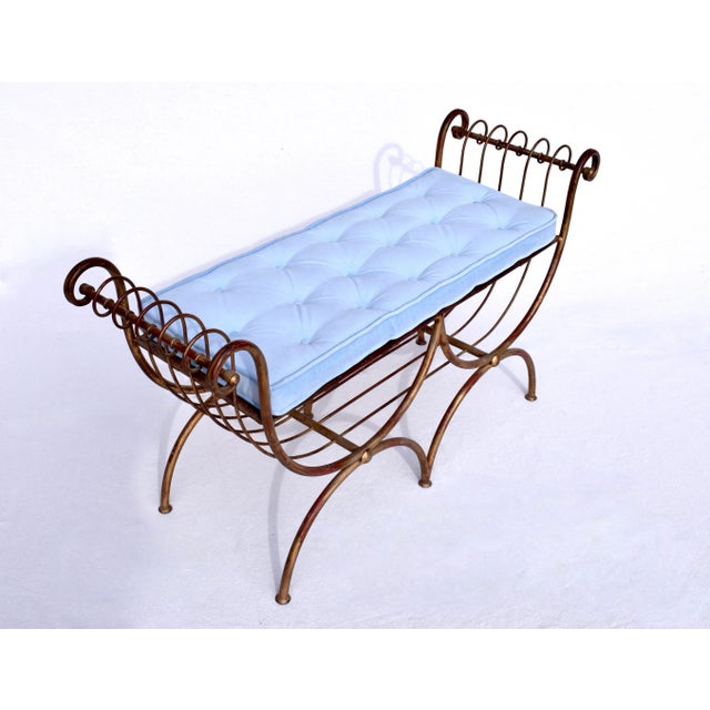 S. Salvadori Gold Enameled Double Curule Bench in Blue Velvet | Chairish