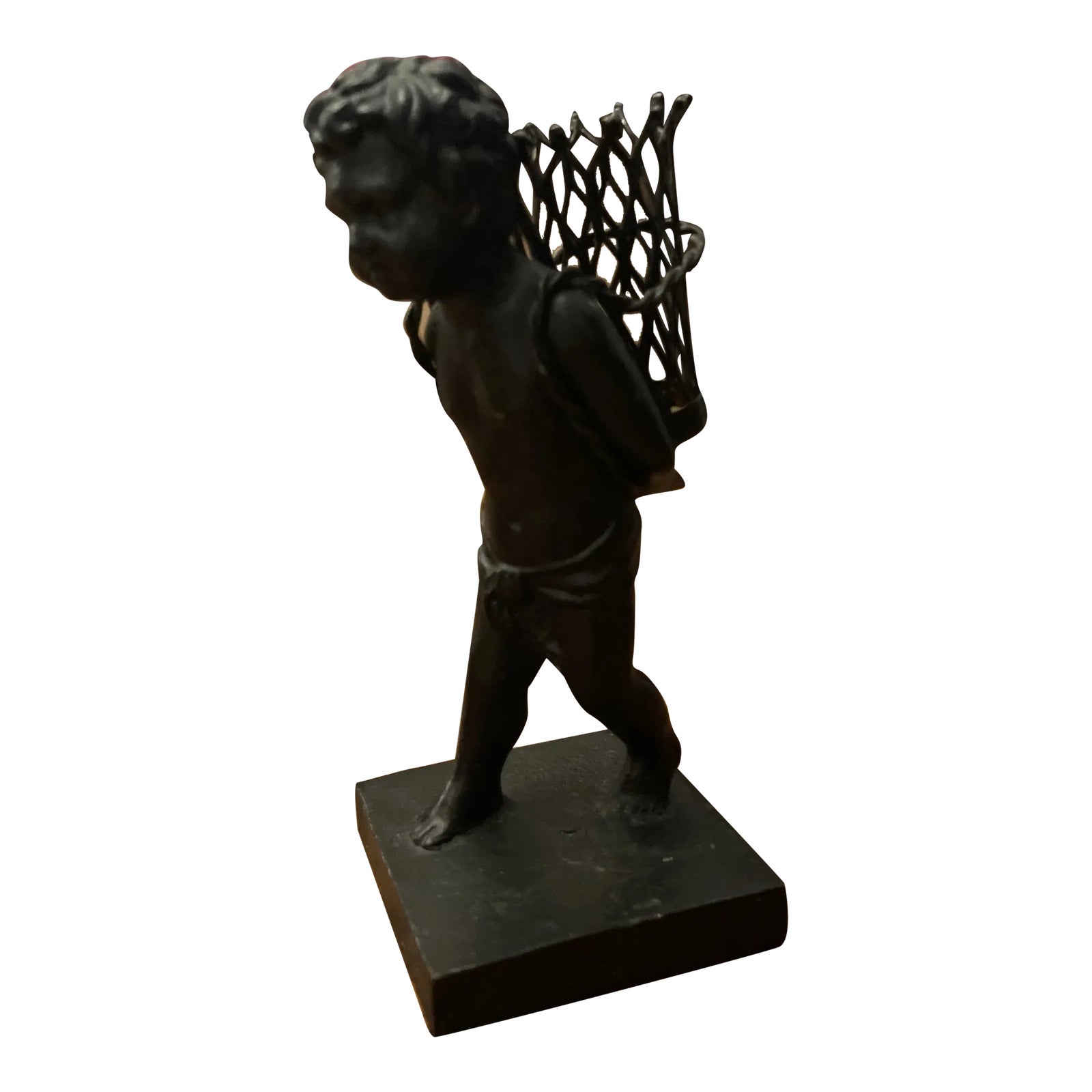 Early 20th Century Bronze Cherub Figure With Basket | Chairish